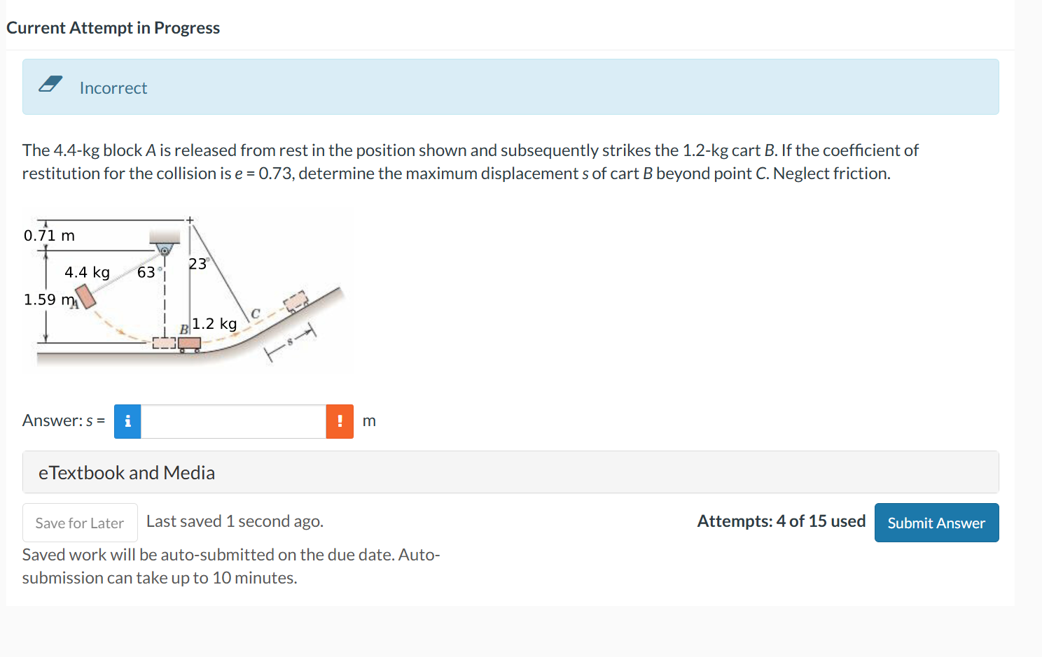 Solved IncorrectThe 4.4-kg ﻿block A is ﻿released from rest | Chegg.com