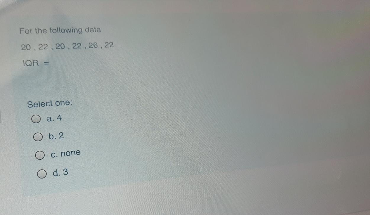 Solved For the following data 20, 22, 20, 22, 26, 22 IQR = | Chegg.com