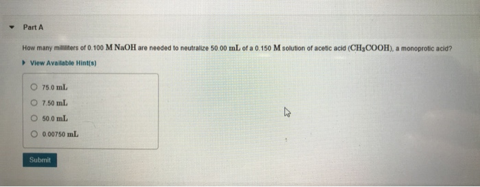 Solved Part A How many milliliters of 0.100 M NaOH are | Chegg.com
