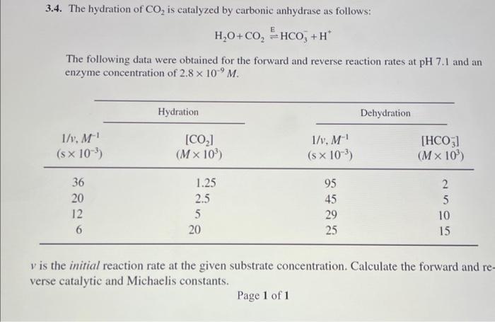 Solved 3.4. The hydration of CO2 is catalyzed by carbonic | Chegg.com