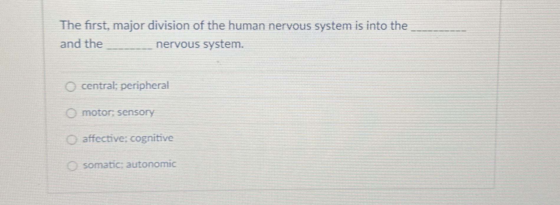 The first, major division of the human nervous system | Chegg.com