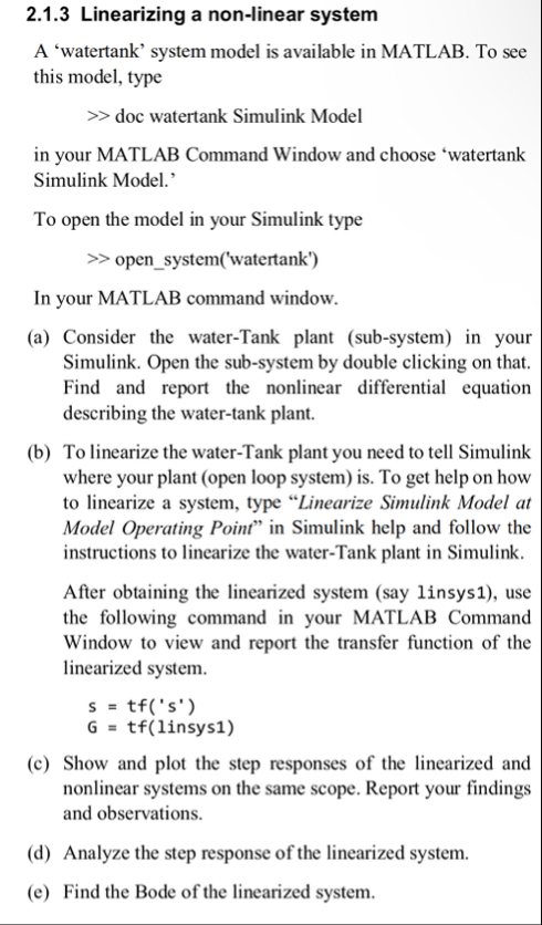 Solved 2.1.3 ﻿Linearizing a non-linear systemA 'watertank' | Chegg.com