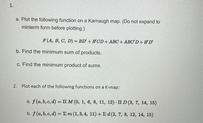 Solved 1. a. Plot the following function on a Karnaugh map. | Chegg.com