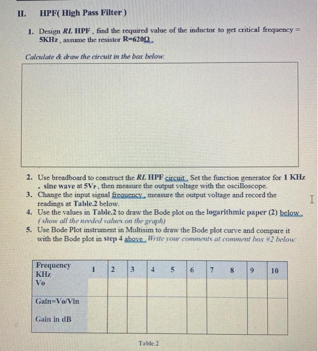 Solved II. HPF( High Pass Filter) 1. Design RL HPF, find the | Chegg.com