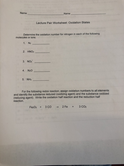 Solved Name Name Lecture Pair Worksheet: Oxidation States | Chegg.com