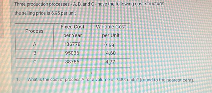 Solved Three production processes - A, B, and C - have the | Chegg.com