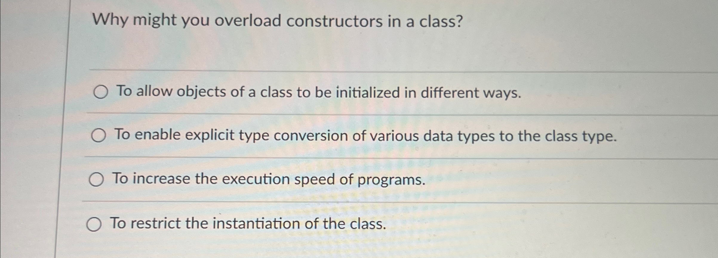 Solved Why might you overload constructors in a class?To | Chegg.com Solved Why might you overload constructors in a class?To | Chegg.com