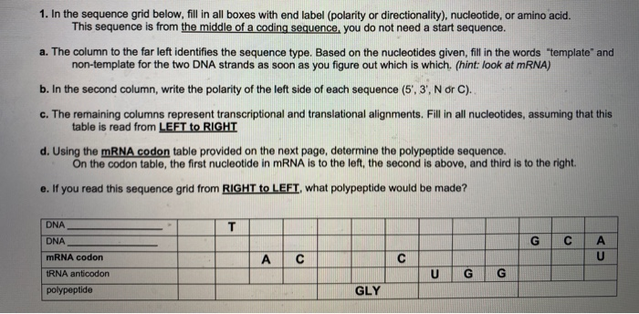 Solved 1. In the sequence grid below, fill in all boxes with | Chegg.com