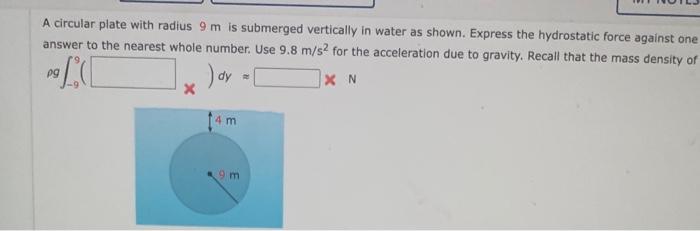 Solved A circular plate with radius 9 m is submerged | Chegg.com