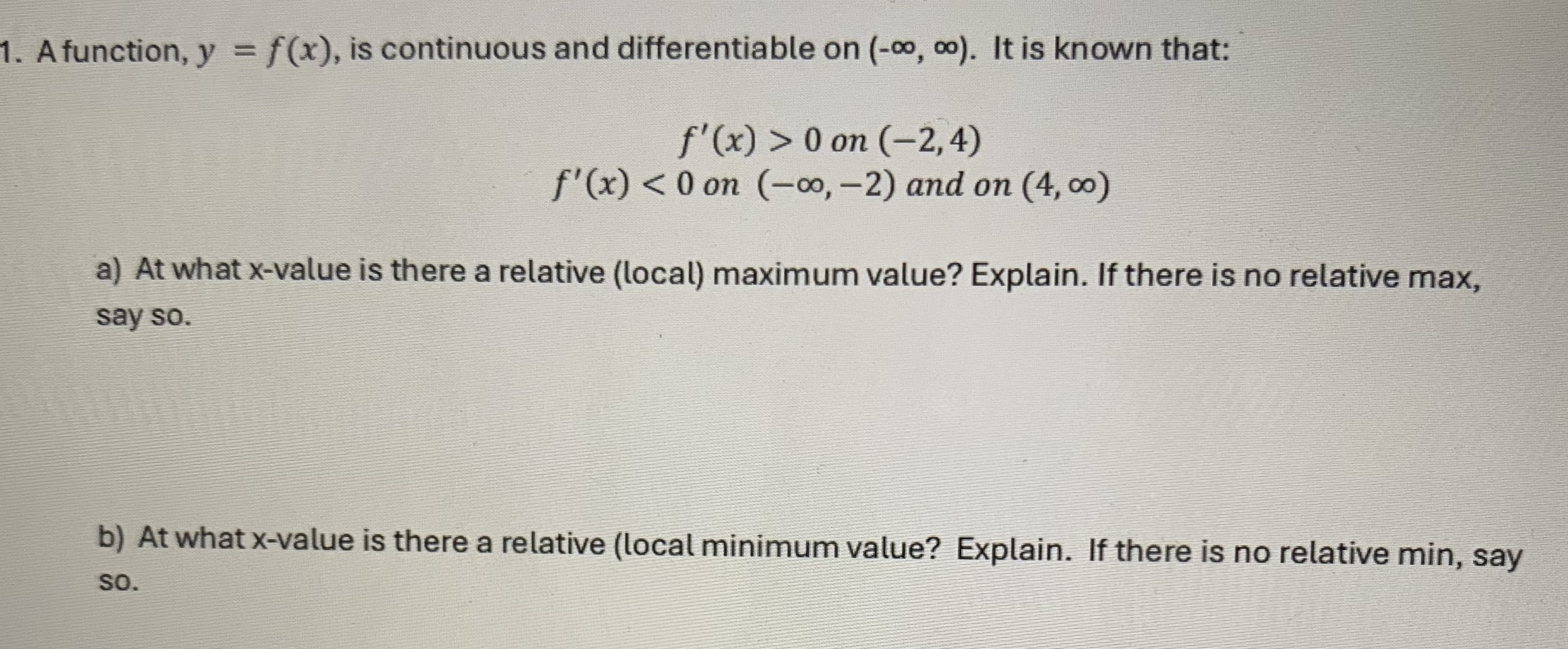 Solved A function, y=f(x), ﻿is continuous and differentiable | Chegg.com