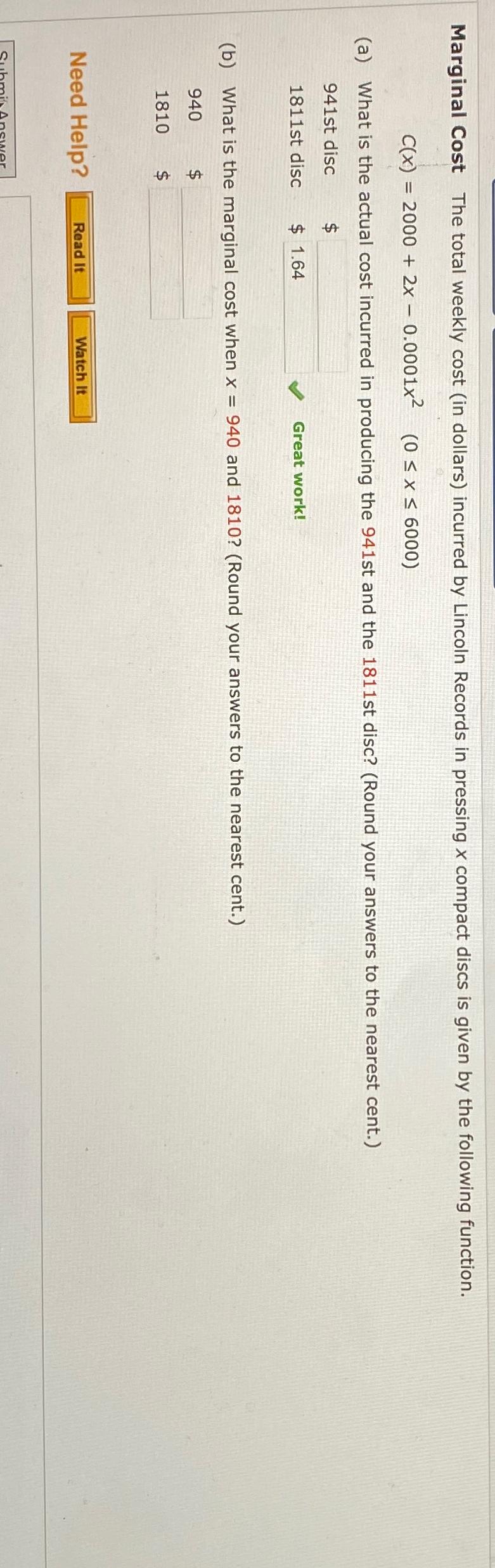 Solved Marginal Cost The total weekly cost (in dollars) | Chegg.com