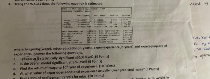 3- Using the WAGE1 data, the following equation is | Chegg.com