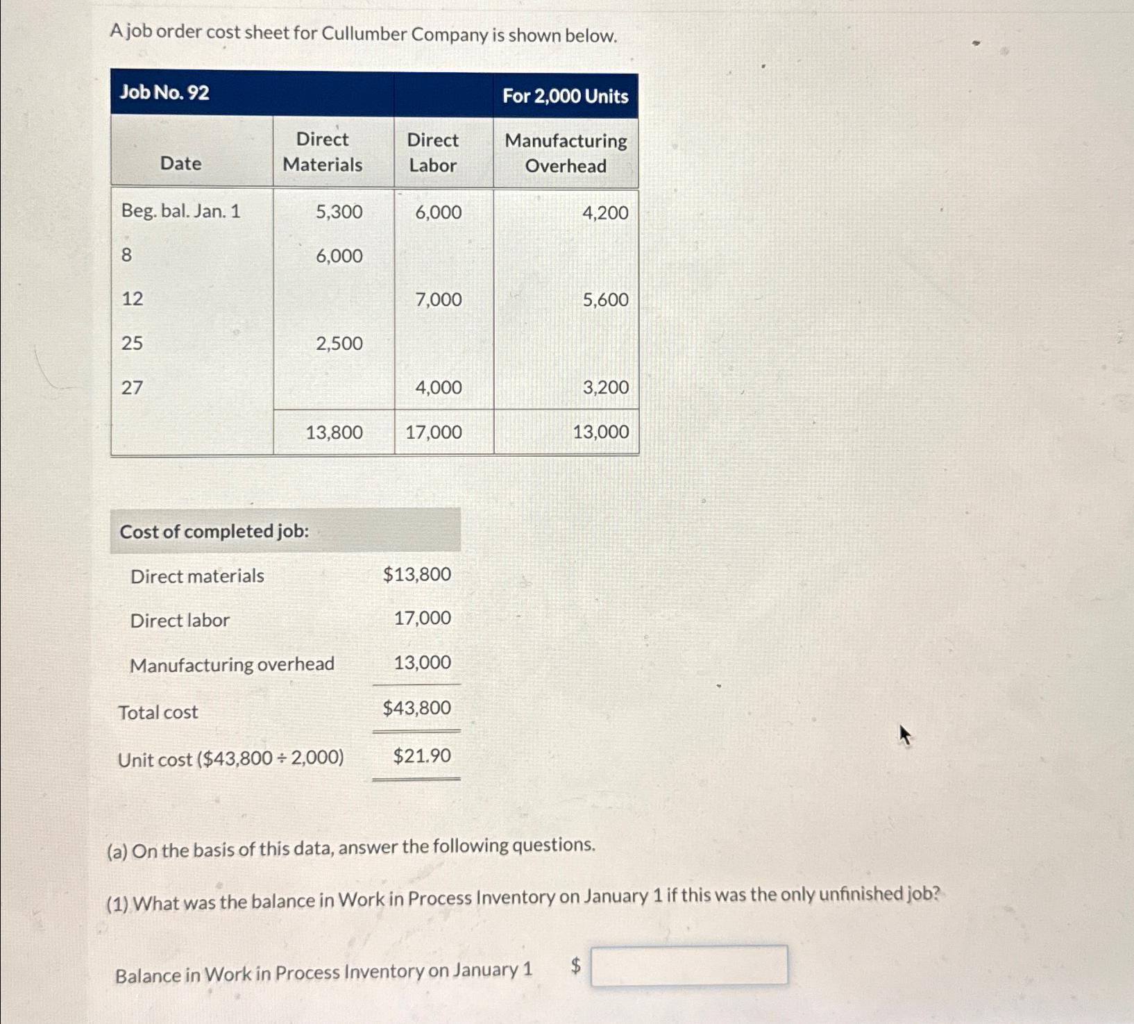 Solved A job order cost sheet for Cullumber Company is shown | Chegg.com