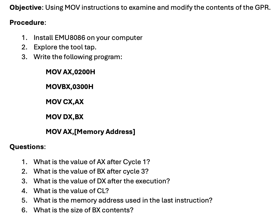 Solved Objective: Using MOV instructions to examine and | Chegg.com