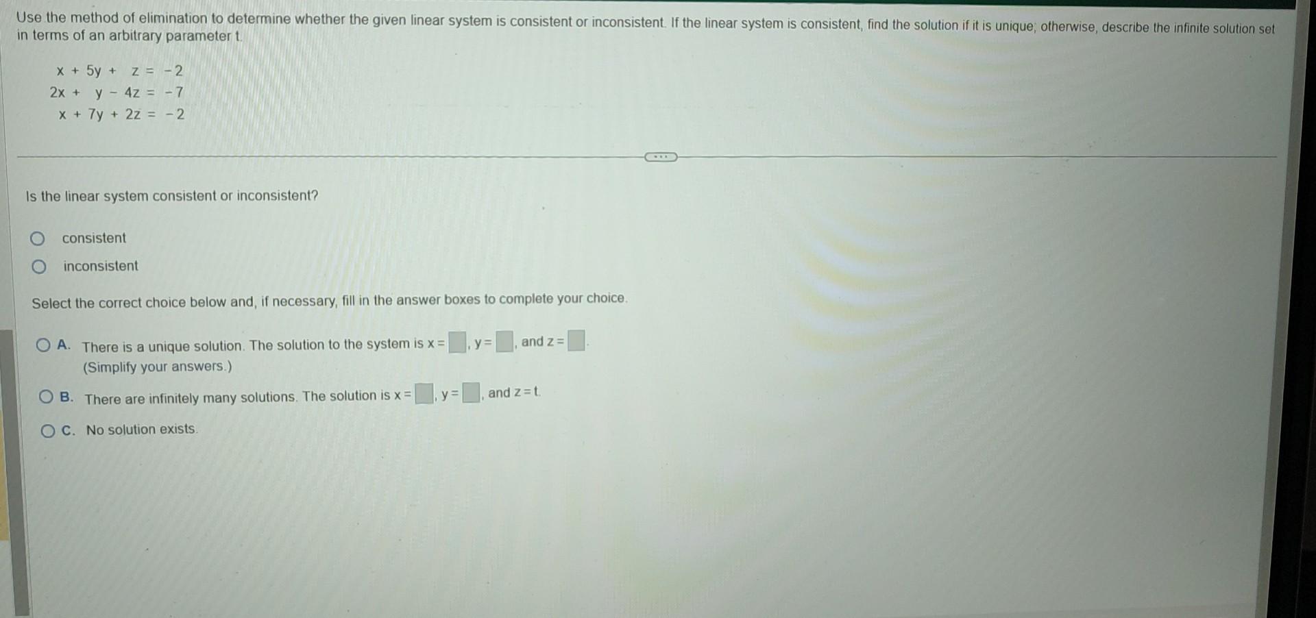 Solved in terms of an arbitrary parameter t. | Chegg.com