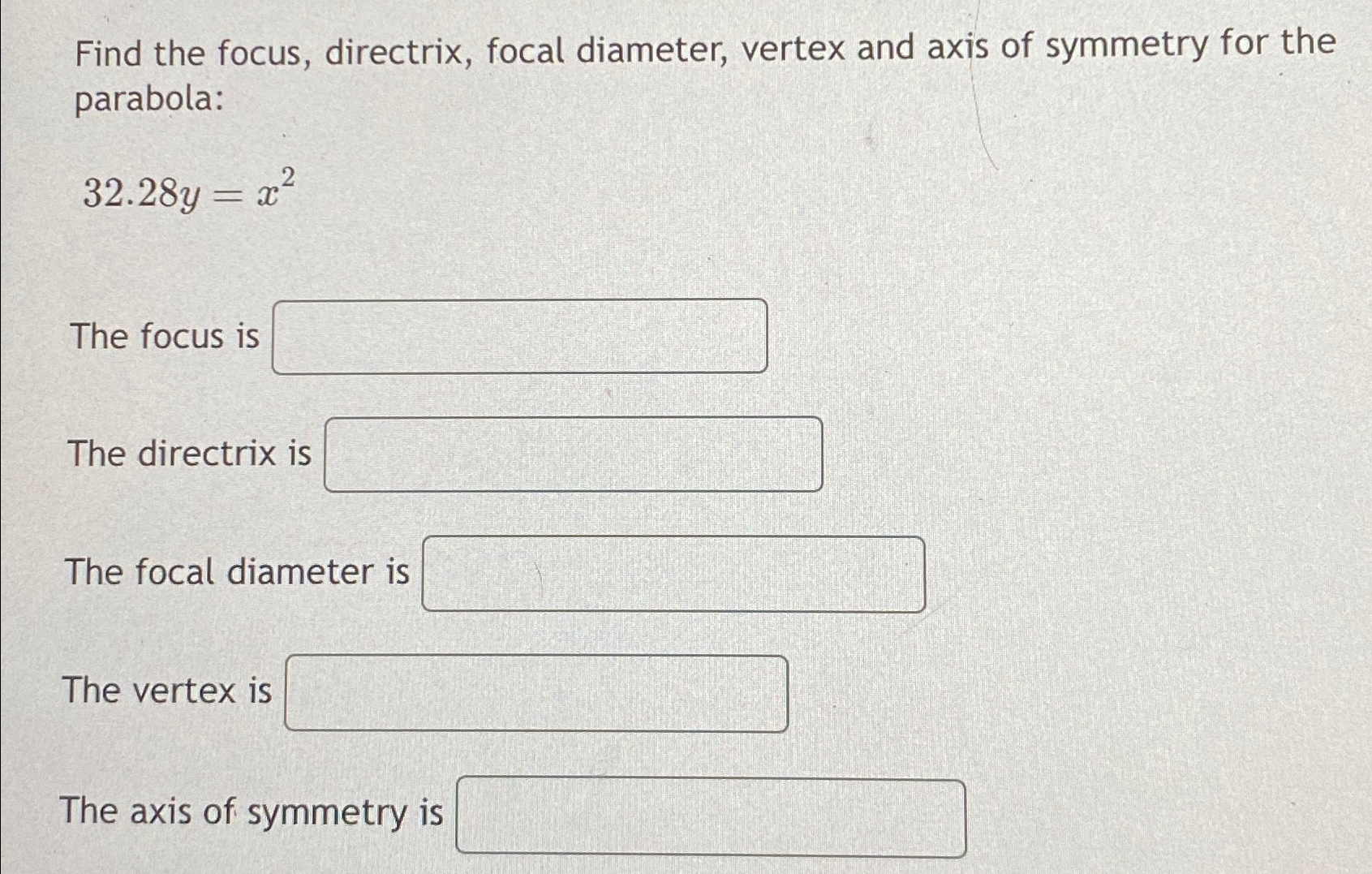 Solved Find the focus, directrix, focal diameter, vertex and | Chegg.com