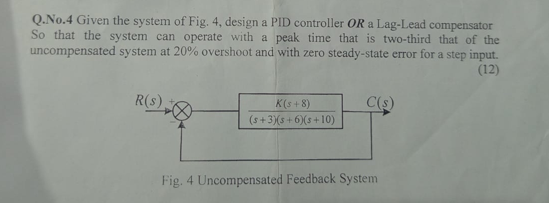 Solved Q.No. 4 ﻿Given the system of Fig. 4, ﻿design a PID | Chegg.com