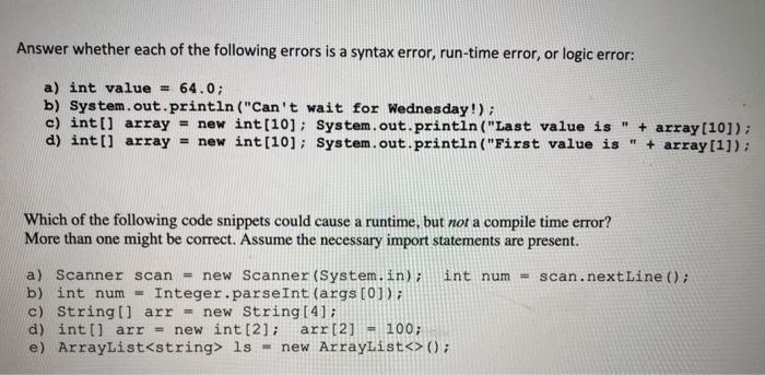 Solved Answer whether each of the following errors is a | Chegg.com