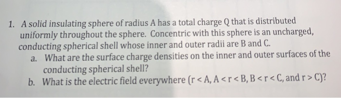 Solved 1. A solid insulating sphere of radius A has a total | Chegg.com