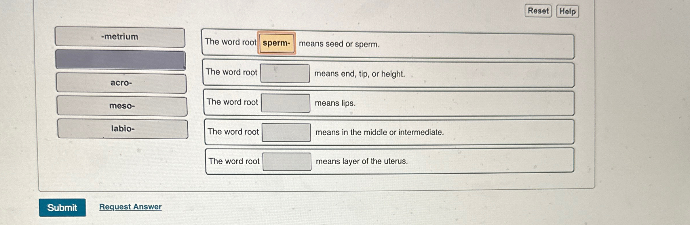 Solved ResetHelp-metriumThe word root sperm- ﻿means seed or | Chegg.com