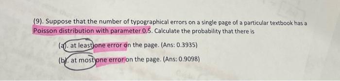 Solved (9). Suppose that the number of typographical errors | Chegg.com