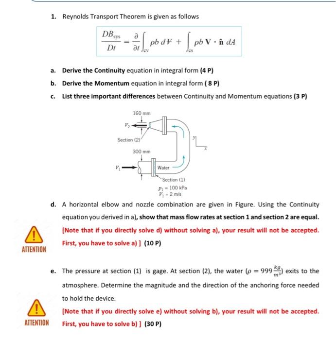 Solved 1. Reynolds Transport Theorem is given as follows | Chegg.com