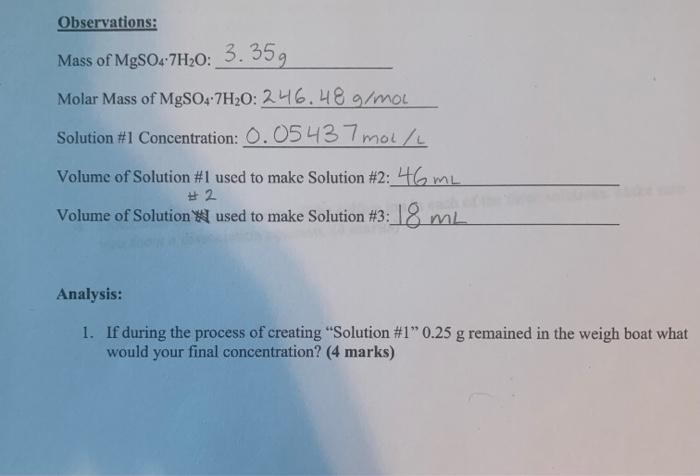 Solved Mass of MgSO4⋅7H2O:3.35 g Molar Mass of | Chegg.com