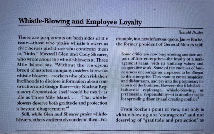 Read the short article about whistleblowing by Ronald | Chegg.com