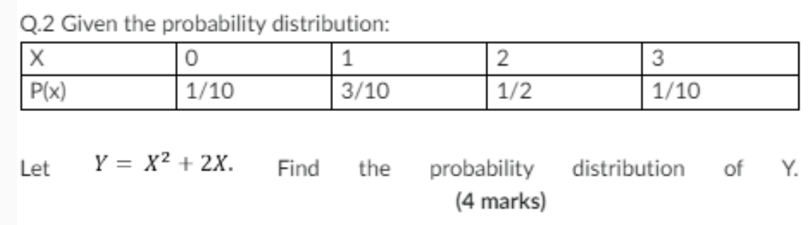 Solved Q. 2 ﻿Given the probability distribution:Let Y=x2+2x. | Chegg.com