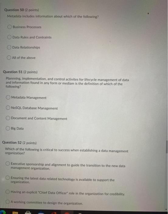 Solved Question 50 (2 points) Metadata includes information | Chegg.com