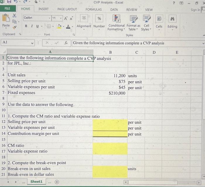 Solved A1 Given the following information complete a CVP | Chegg.com