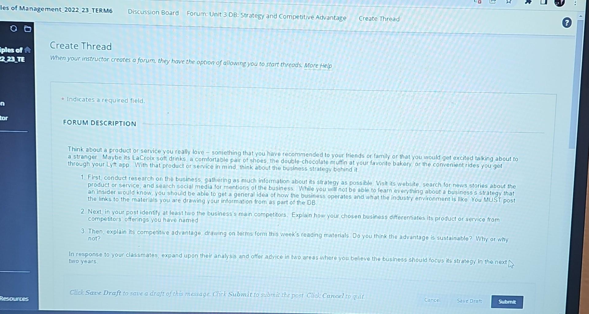 Create Thread When your instructor creates a forum, | Chegg.com