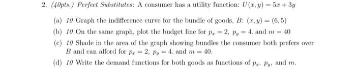 Solved 2. (40pts.) Perfect Substitutes: A consumer has a | Chegg.com
