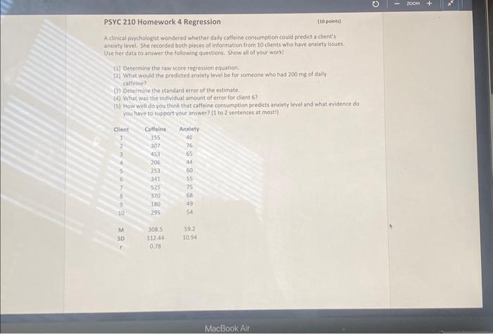 Solved PSYC 210 Homework 4 Regression (10 points) A clinical | Chegg.com