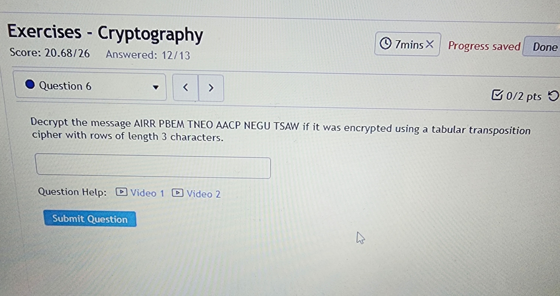 Solved Exercises - ﻿CryptographyScore: 20.68/26 ﻿Answered: | Chegg.com