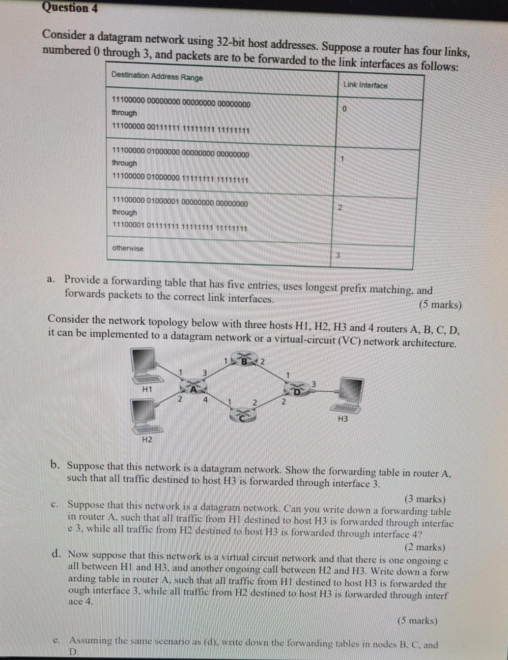 Solved Question 4 Consider a datagram network using 32-bit | Chegg.com