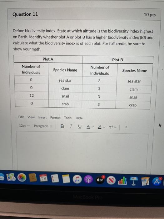 Solved Question 11 10 pts Define biodiversity index. State | Chegg.com