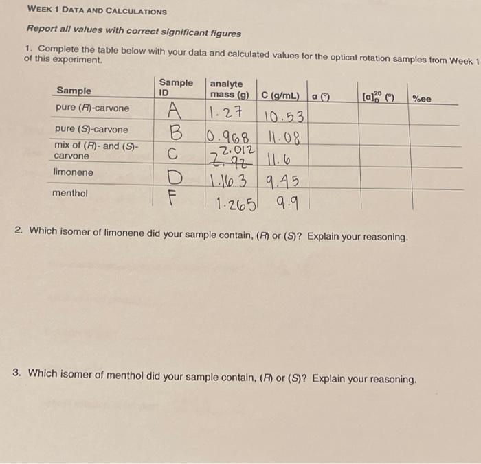 WEEK 1 DATA AND CALCULATIONS Report all values with | Chegg.com