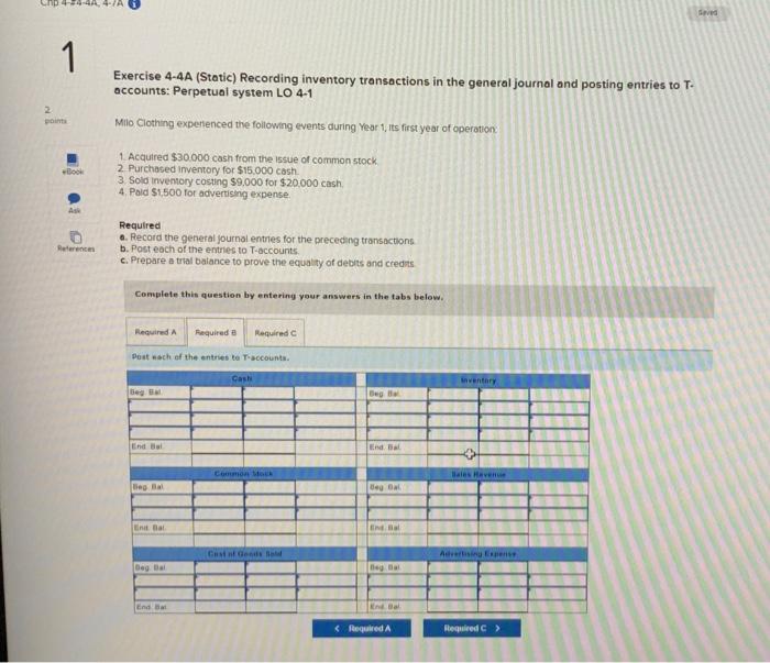 Solved Exercise 4-4A (Static) Recording inventory | Chegg.com