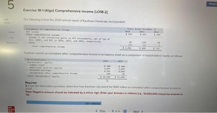 Solved Exercise 18-1 (Algo) Comprehensive income [LO18-2] | Chegg.com