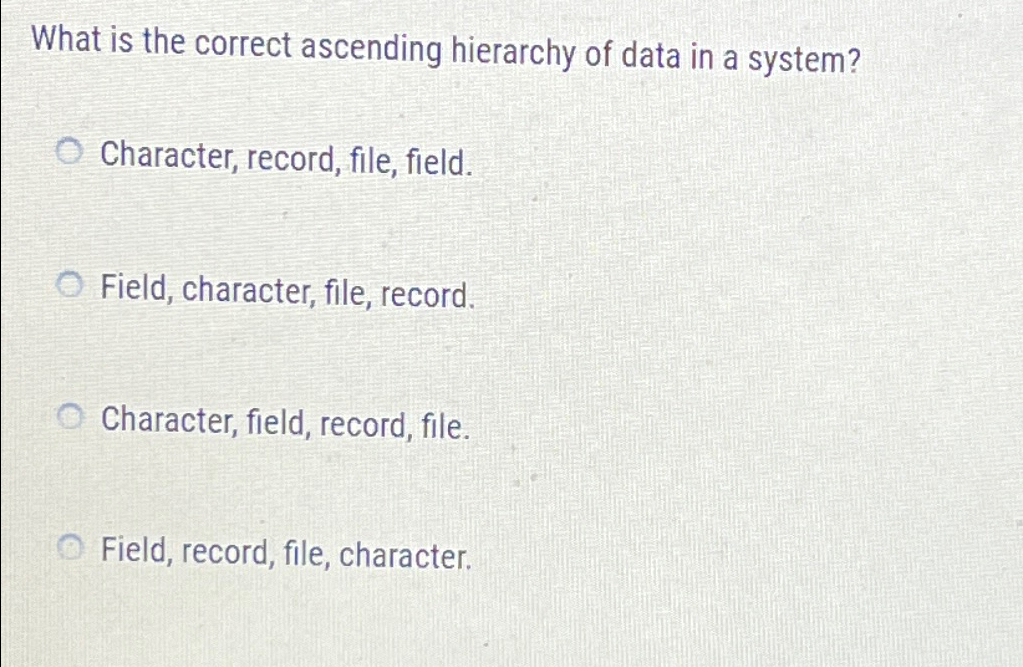 Solved What is the correct ascending hierarchy of data in a | Chegg.com