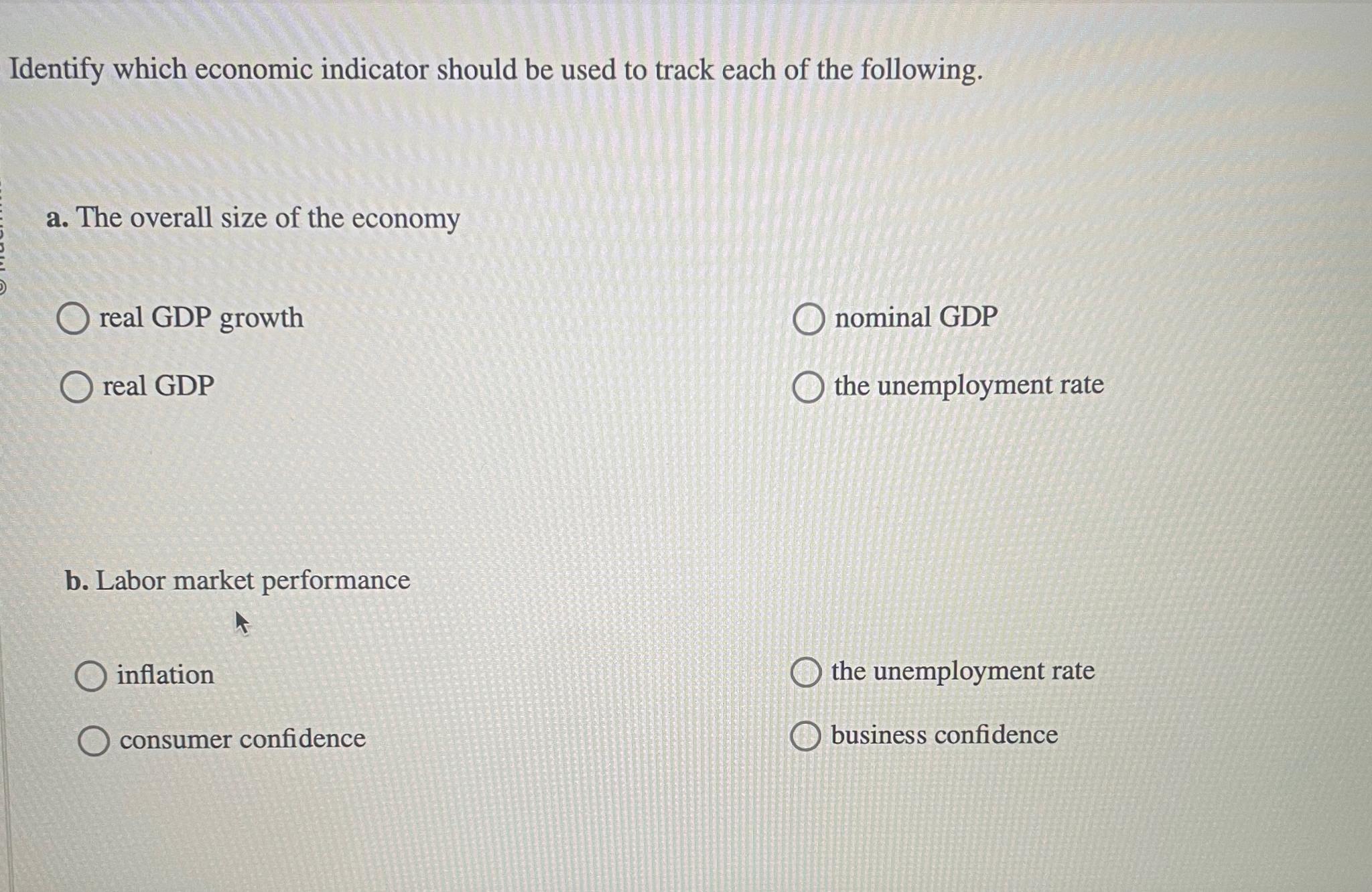 Solved Identify which economic indicator should be used to | Chegg.com