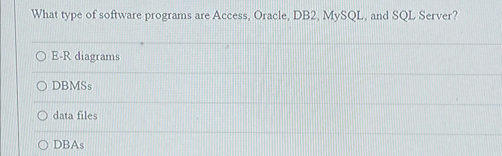 Solved What type of software programs are Access, Oracle, | Chegg.com