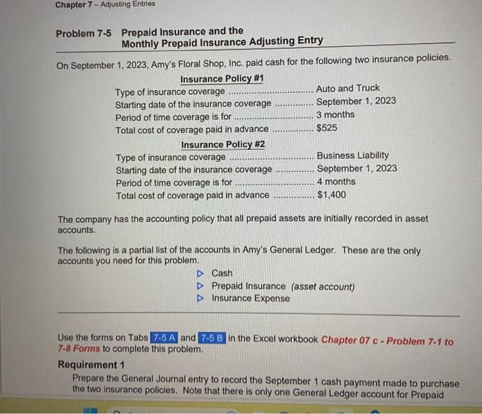 Solved Problem 7-5 Prepaid Insurance and the Monthly Prepaid | Chegg.com