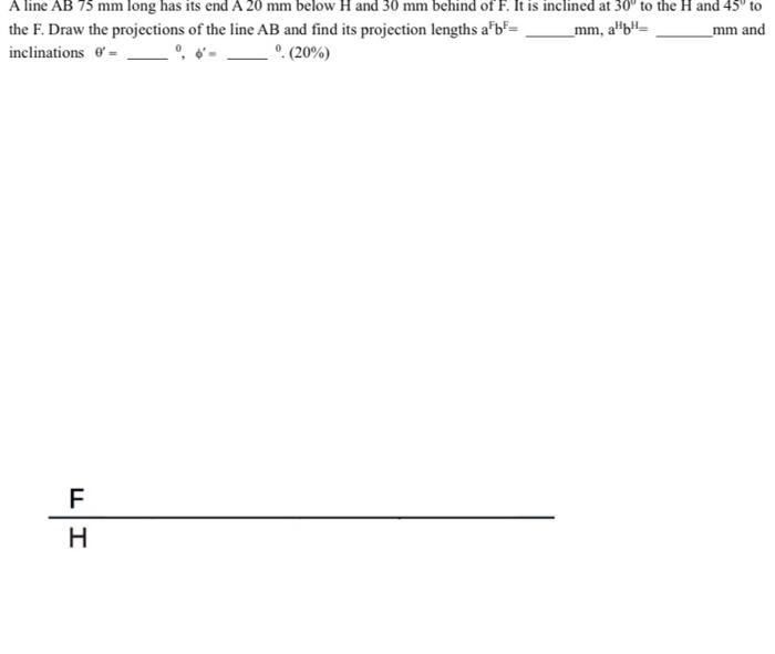 Solved A line AB75 mm long has its end A20 mm below H and 30 | Chegg.com