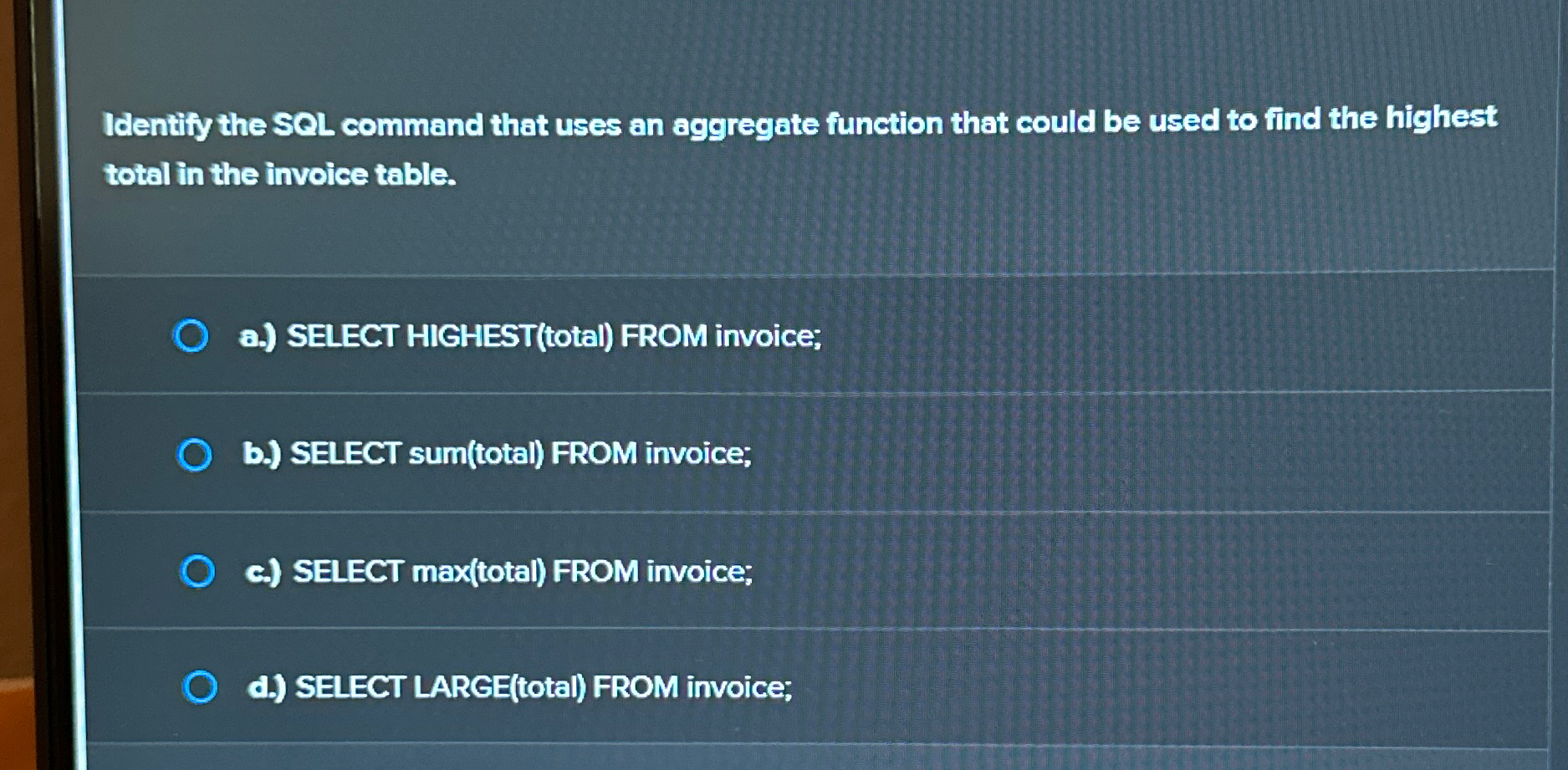 Solved Identify the SeL command that uses an aggregate | Chegg.com