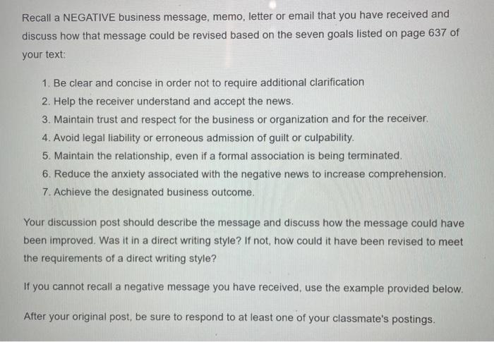 Recall a NEGATIVE business message, memo, letter or | Chegg.com