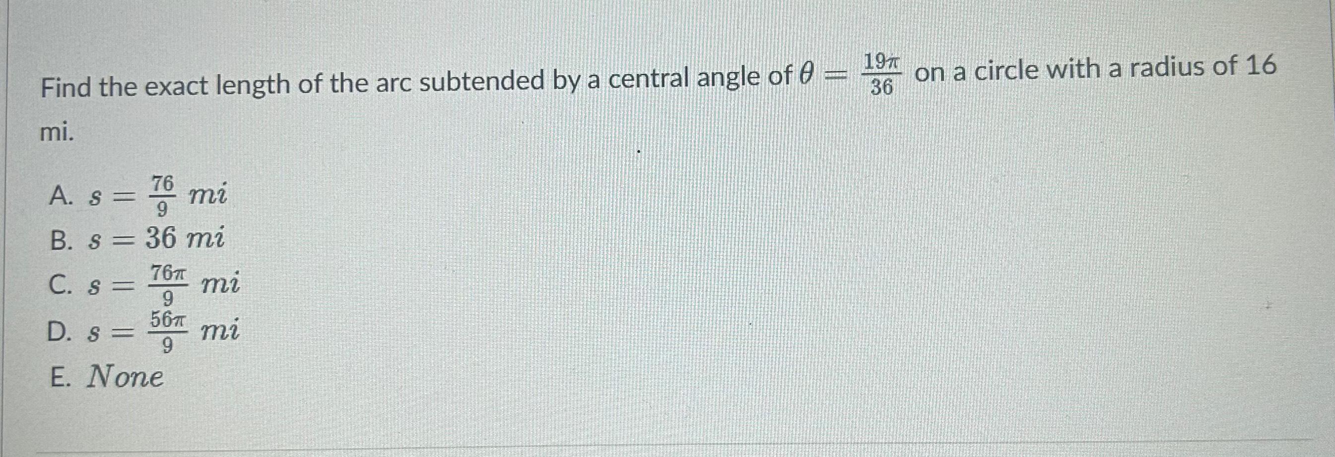 Solved Find the exact length of the arc subtended by a | Chegg.com