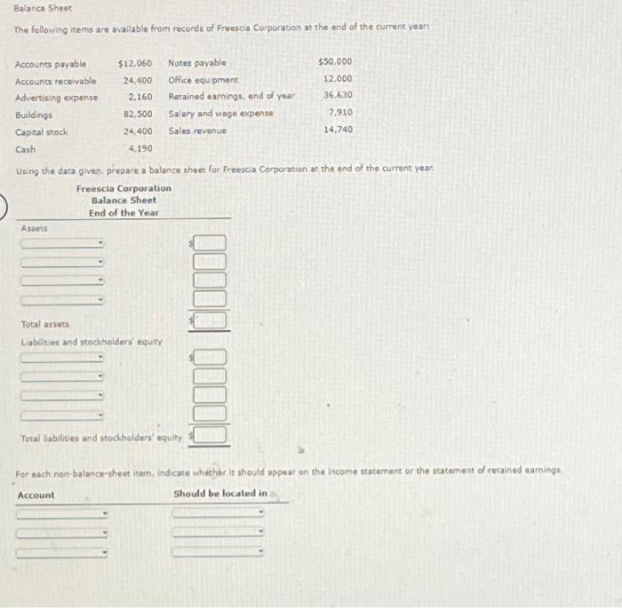 Solved Balance Sheet The following items are available from | Chegg.com