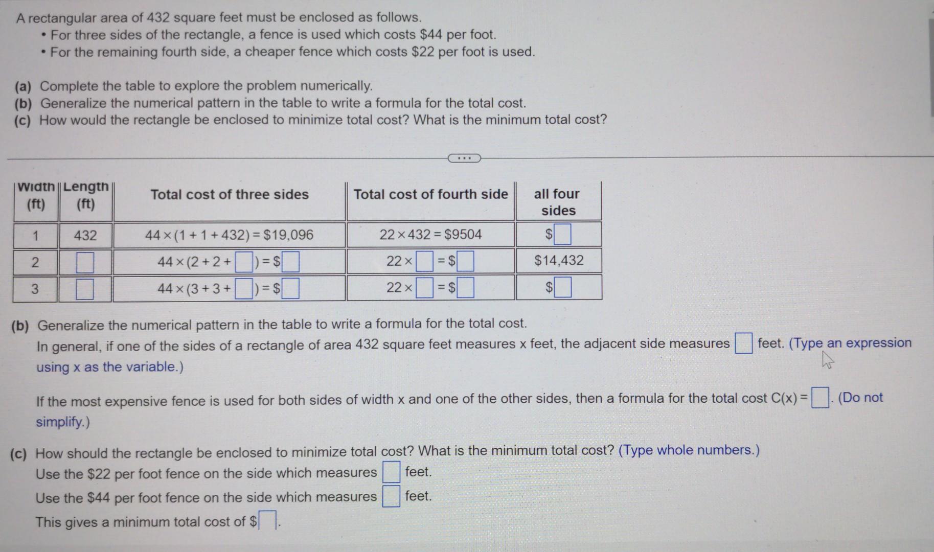 Solved A rectangular area of 432 square feet must be | Chegg.com